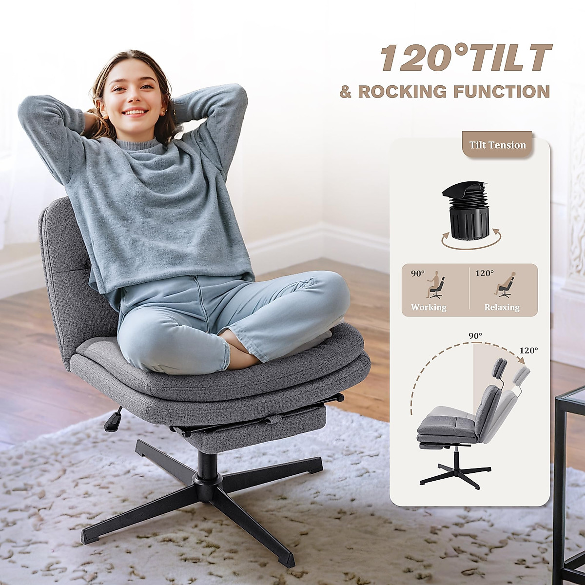 Flamaker Desk Chair Comfy with Footrest & Headrest, Criss Cross Legged Office Chairs No Wheels, Fabric Modern Armless Swivel Adjustable Vanity Chair