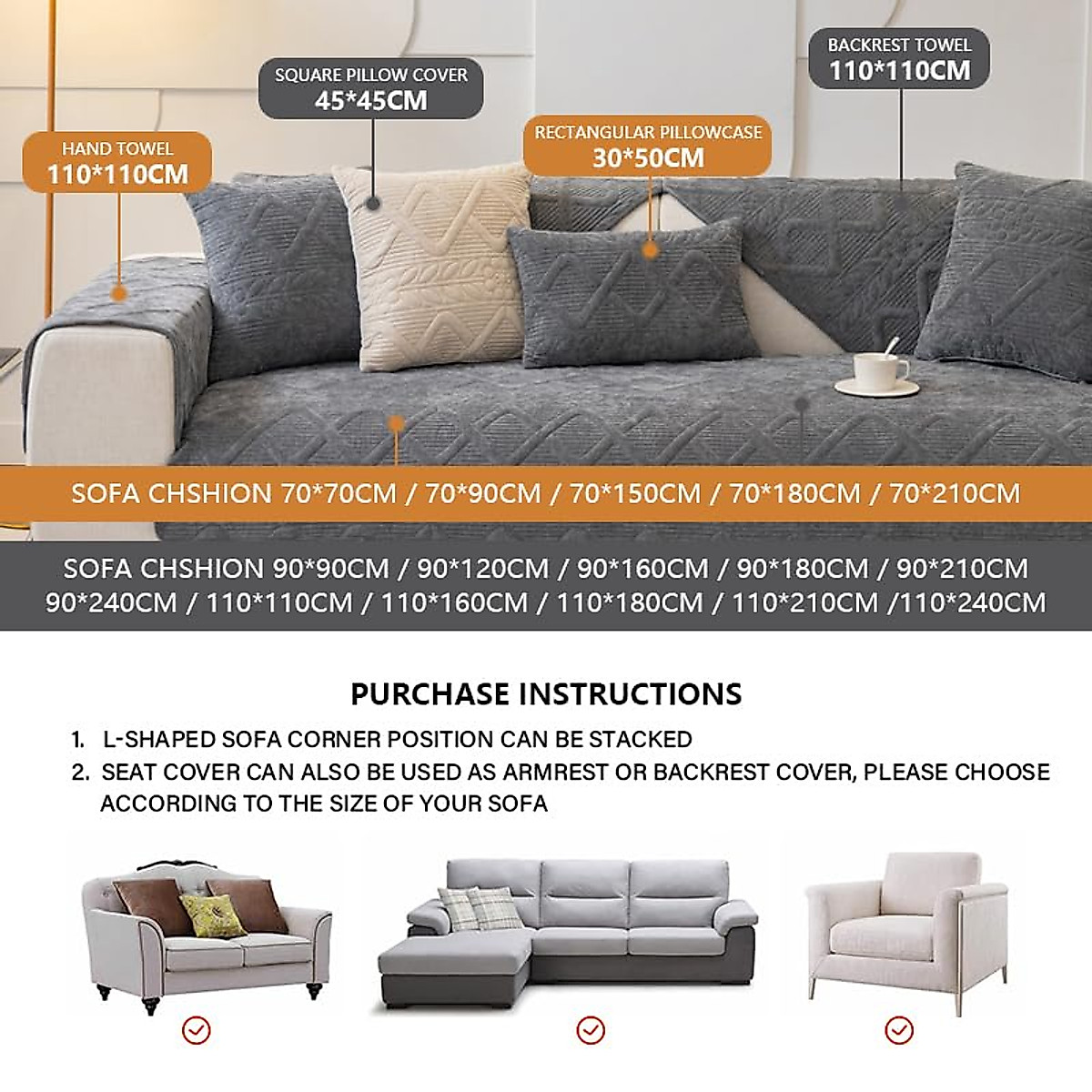 KCCRHIN Solid Color Sofa Cover 3 Cushion Chenille Couch Cover Sectional Thickened Non-Slip Sofa Slipcovers Modern Style Sofa Cushion Covers L/U Shape for Dogs Washable,Blue,70 * 70cm/27.6 * 27.6in