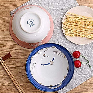 JapanBargain 2482, Japanese Porcelain Soup Bowl for Dinner Lunch Rice Poke Donburi Udon Ramen Noodle Pasta Cereal Maneki Neko Smiling Lucky Cat Pattern for Cat Lovers Made in Japan, 6-inch, Pink