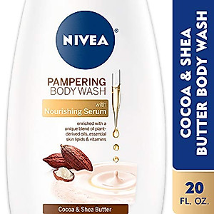 NIVEA Pampering Cocoa and Shea Butter Body Wash with Nourishing Serum, Moisturizing Body Wash for Women, Enriched with Provitamin B5 and Vitamin E, 20 Fl Oz Bottle