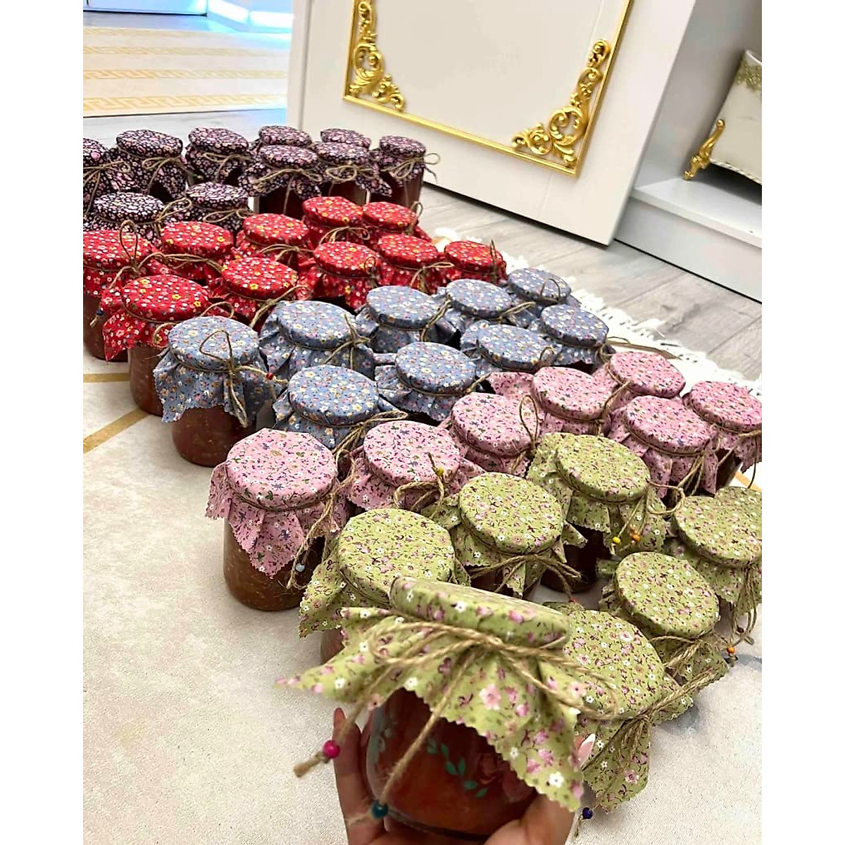 50 Pieces% 100 Cotton Flowered Pattern Fabric Jar Cover Cloth- 6.7'' Jar Cover Cloth With 50 Pieces Beaded Jute Rope