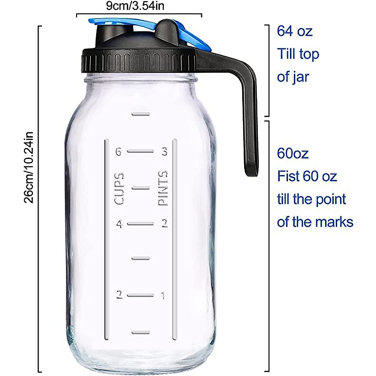 64 OZ Mason Jar Pitcher Wide Mouth 64 oz Mason Jar Pitcher with Airtight Lid and metal lid and band - 2 Quart Pitcher for Iced Tea, Sun Tea, Juice, Coffee (Blue)