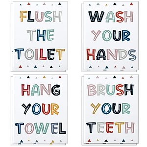 PAGOW 8PCS Kids Bathroom Decor, Washroom Rules Decoration Set, Colorful Inspirational Words Painting for Toilet Wall Sticker（Unframed）