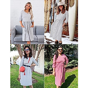 MEROKEETY Women's 3/4 Balloon Sleeve Striped High Waist T Shirt Midi Dress
