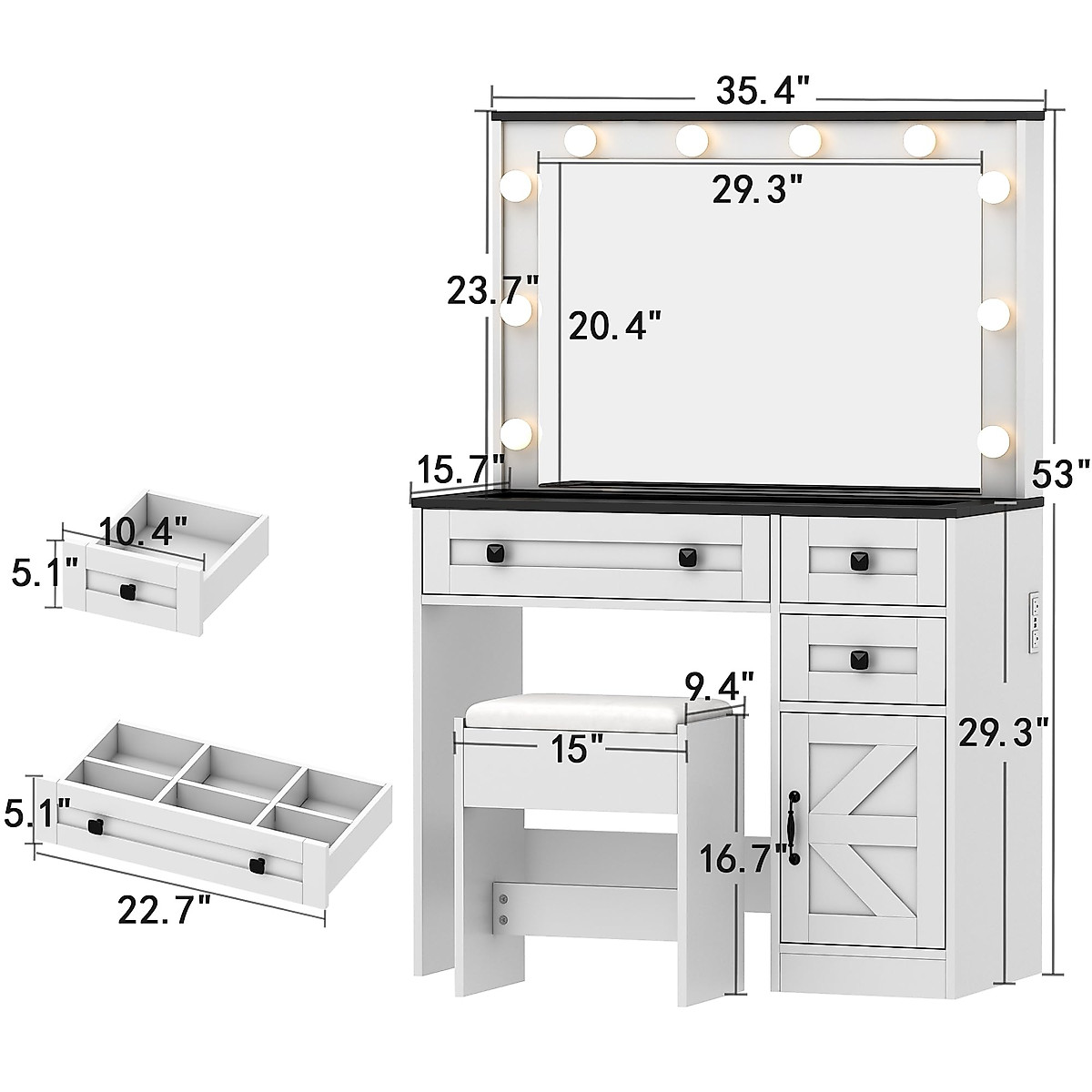 35.4" Makeup Vanity Desk with Mirror and Lights and Chair, Glass Tabletop Farmhouse White Rustic Vanity Desk, Easily Assembled 3 Color Lighting Mode Makeup Vanity for Women (Glass Top)
