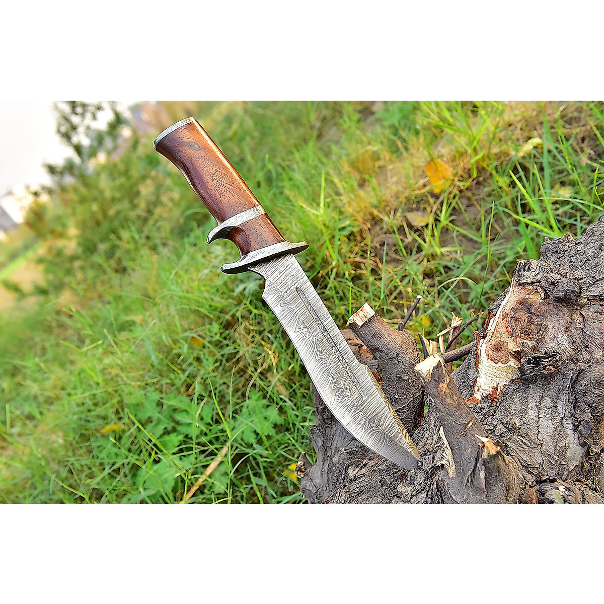 Damascus Hunting Knife, Handmade Full Tang Knife - Wood Handle Knife, Hand Forged Fixed Blade Knife & Bowi Knife - Camping Knives & Hiking Knives, Rose Wood Handle - Leather Knife Sheath