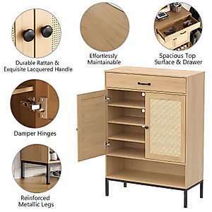 Loomie Rattan Shoe Cabinet, 5-Tiers Shoe Storage Cabinet with Doors, Storage Cabinet with Drawer & Bottom Cubby, 44.3" Tall Boho Shoe Organizer Cabinet for Entryway Hallway Closet (Natural)