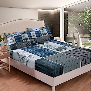 Rustic Farmhouse Sheet Set Twin, Retro Cabin Lodge Fitted Sheet Country Bear Deer Bed Sheets For Kids Teens Adult Men, Hunting Wild Animal Plaid Checkered Flat Sheet 3Pcs With 1 Pillow Case,Blue