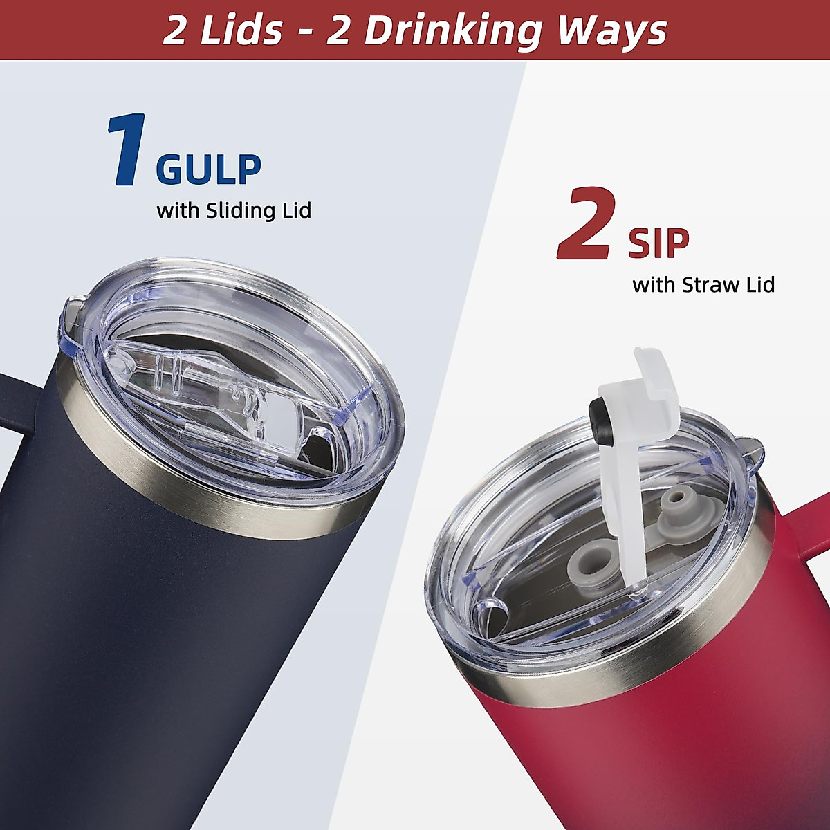 BJPKPK Insulated Coffee Mug with 2 Lids, 25oz Stainless Steel Insulated Tumbler with Handle, Double Wall Vacuum Coffee Cup, BPA Free Leak Proof Thermos for Travel & Home, Charming Red & Blue