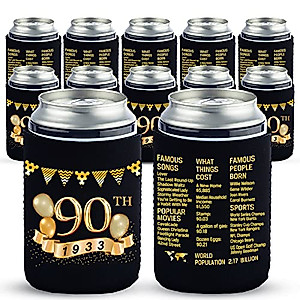 Yangmics 90th Birthday Can Cooler Sleeves Pack of 12- 1933 Sign -90th Anniversary Decorations - Dirty 90th Birthday Party Supplies - Black and Gold Ninetieth Birthday Cup Coolers