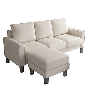 Myshle Sectional Sofa Reversible Chaise, 4-Seat Modular Set with Convertible Ottoman, L-Shape Linen Fabric Corner Futon Couches for Living Room Apartment Small Space Beige