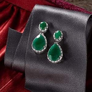 Ross-Simons 10.50 ct. t.w. Emerald and .35 ct. t.w. Diamond Drop Earrings in Sterling Silver