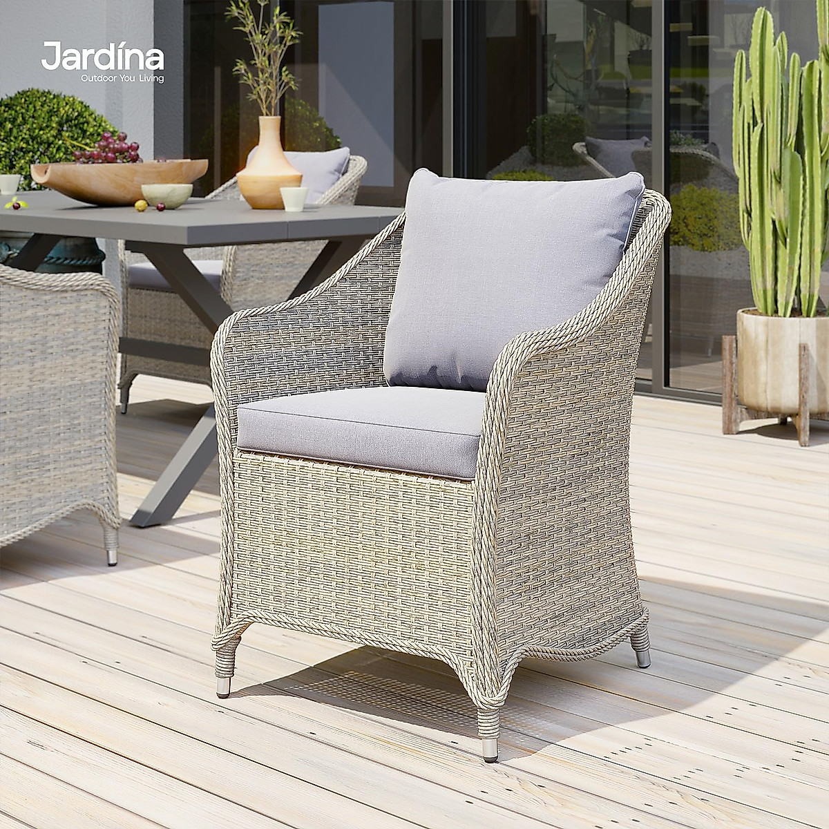 JARDINA Outdoor PE Wicker Patio Dining Chairs Rattan Seat with Cushion Pillow and Adjustable Table Legs for Outdoor Patio Backyard,Balcony (Grey)