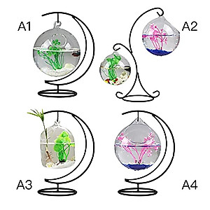 STOYRB Desktop Hanging Glass Fish Tank Mini Table Aquarium Glass Betta Fish Bowl Clear Fish Cylinder Bowl with Iron Stand for Office Home Decor, 1 Fish Bowl, Transparent