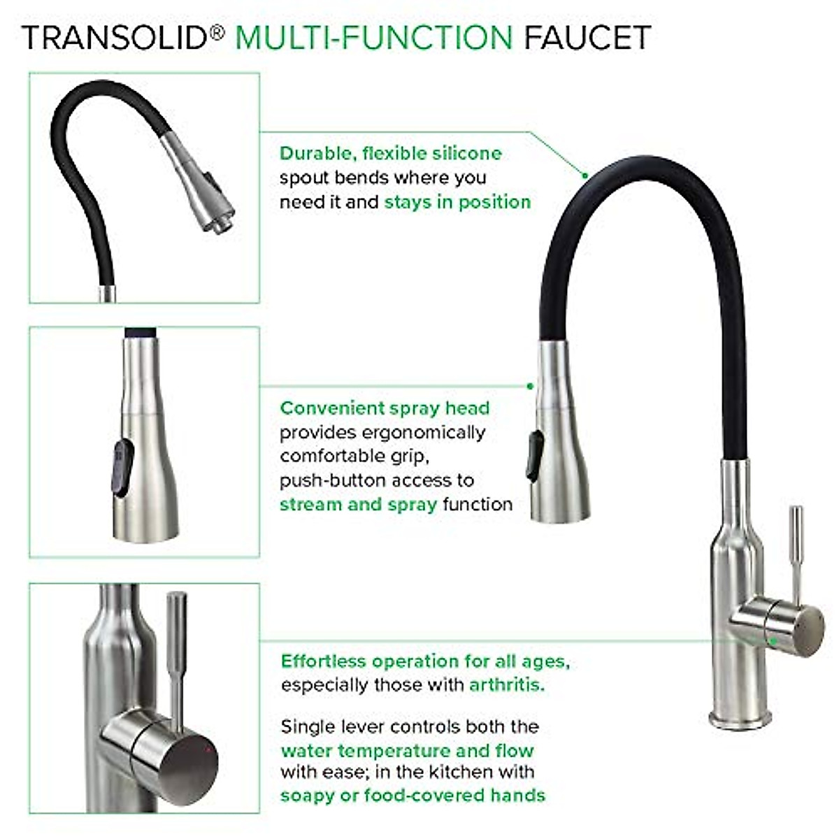 Transolid PF7509A Kitchen/Laundry Faucet with Dual Spray and Flex Neck in Black