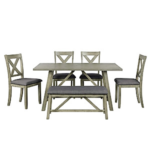 Actual Solid Wood Kitchen Dining Room Set for Dining Kitchen Room, 6 Piece Dining Table Set Dining Table and Chair, 1 Bench and 4 Chairs, Rustic Style, Grey, Dining table: 60 x 36 x 29.9 inches