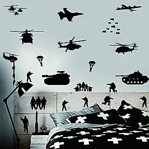 Army Tank Wall Decors Set for Wall Solider Military Helicopter Wall Stickers for Teens Boys Bedroom Kids Room Vinyl Decals (Black (JWH117))