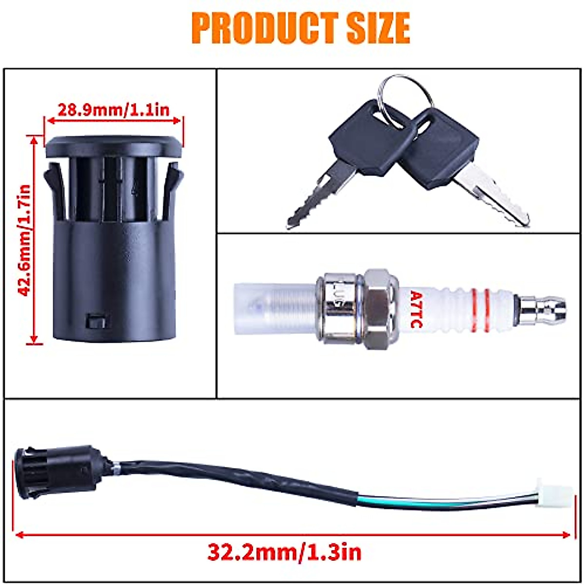MWMNUN Ignition Key Switch 2pcs 4-Wire 4-pin and A7TC Spark Plug Replacement for Taotao Coolster Sunl 50cc 70cc 90cc 110cc 125cc Chinese ATV Dirt Bike Quad Go Kart Moped Scooter Parts