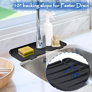 Amerner Kitchen Sink Splash Guard, 10° Large Slope & Adaptable Hole Faucet Mat for Kitchen Sink, Silicone Sink Organizer Sponge Holder for Kitchen, Bathroom, RV, Bar, 14.2” x 5.1”, Black