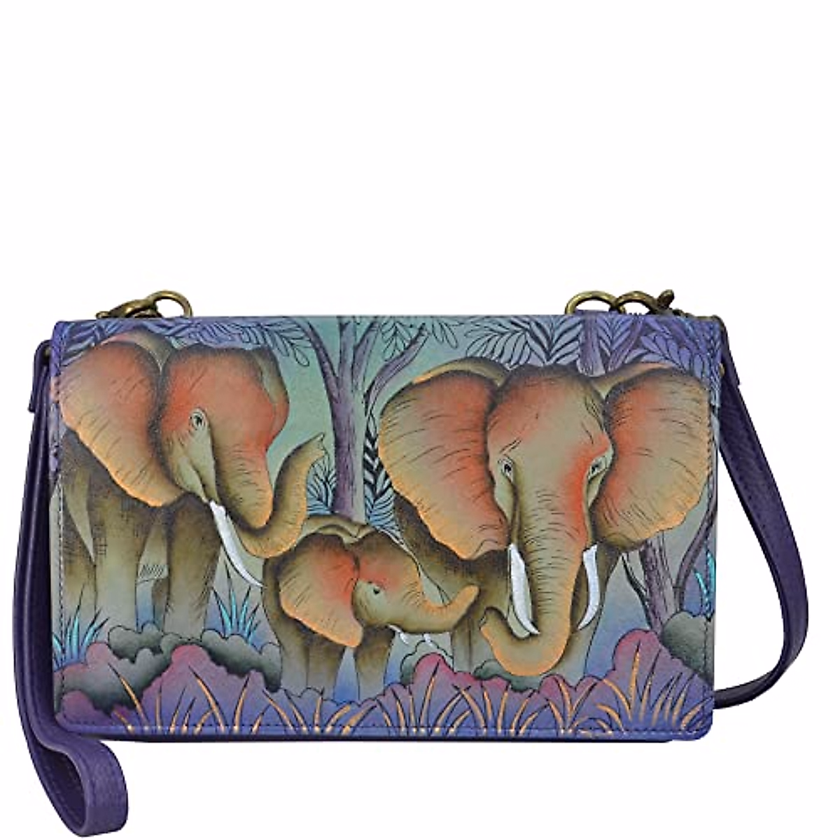 Anna by Anuschka Women's Hand-Painted Genuine Leather 4-In-1 Organizer Crossbody/Belt Bag/Clutch/Writlest - Elephant Family