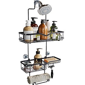 AMADA Hanging Shower Caddy, Shower Caddy Over Shower Head, Rustproof Stainless Steel Shower Organizer with Soap Holder & Hooks, Shower Rack for Shampoo, Sponges, Towels, No Drilling Required, Black