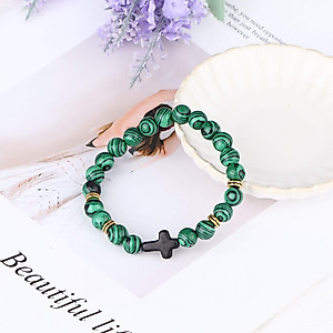 YADOCA 8 Pcs 8MM Beads Bracelet for Men Women Lava Rock Tiger Eye Stone Howlite Natural Stone Stretch Elastic Cross Bracelet Set