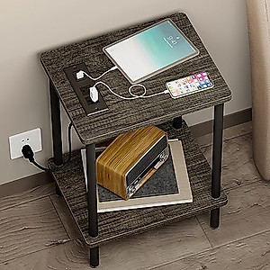 Fixwal 2-Tier Nightstand with Charging Station, End Table Set of 2, Side Table with USB Ports and Power Outlets, Side Table for Living Room, Bedroom, Grey and Black