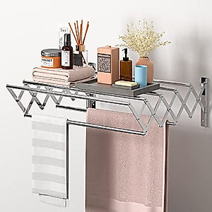 DOMPRO Wall Mounted Clothes Drying Rack Retractable Towel Rack Outdoor Stainless Steel 7 Towel Bar Compact Accordion Drying Rack Clothing for Bathroom/Laundry 110lb Capacity