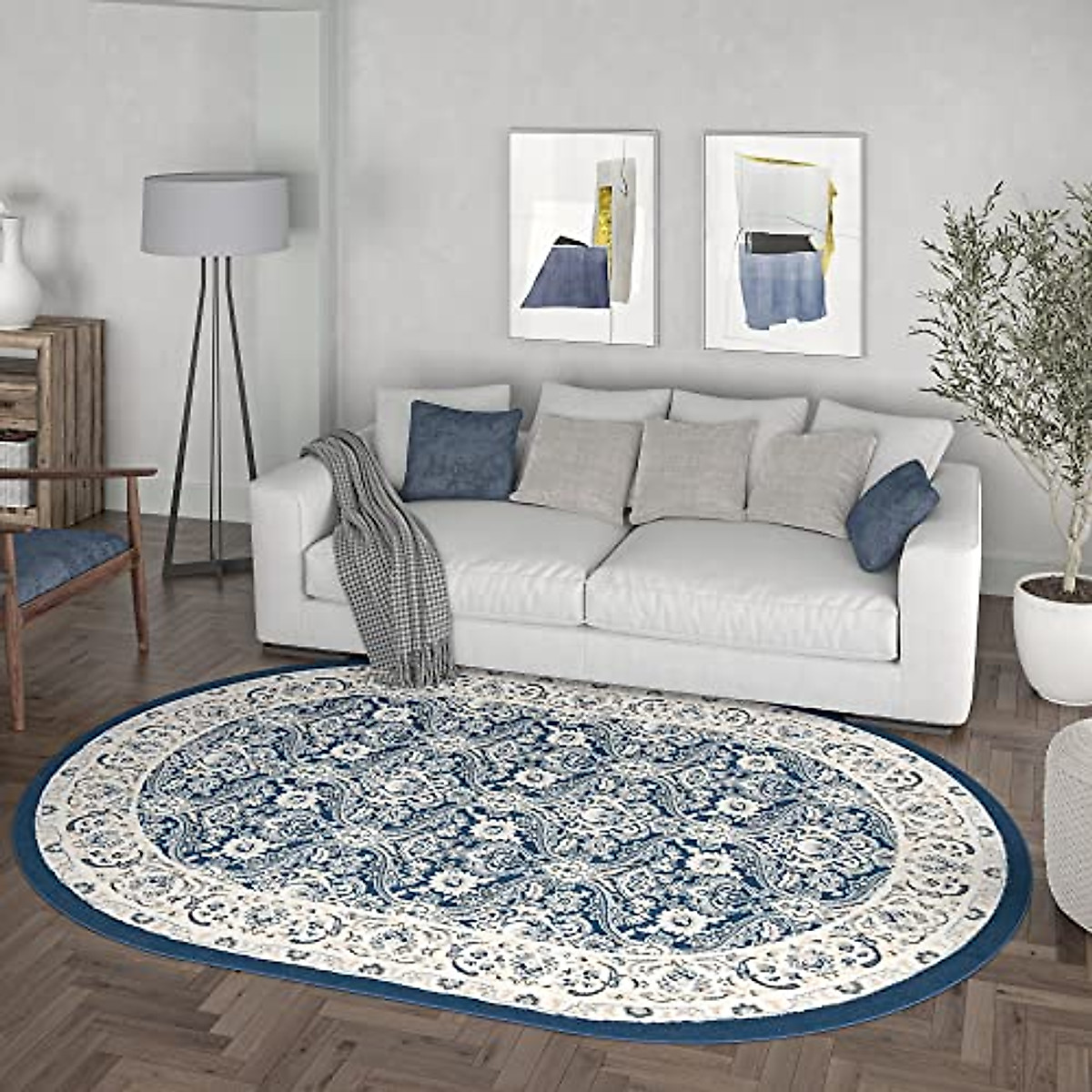 Tillie Dark Blue 5x8 Oval Area Rug - Area Rugs for Living Room Bedroom Dining Room Entryway Kitchen Bath Indoor Entry - Floral Carpet - Alfombras para Salas