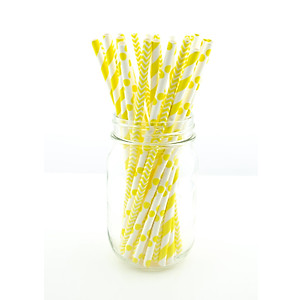 Yellow Wedding Straws, Wholesale Paper Straws, Summer BBQ Party Supplies, Lemonade Drinking Straws (75 Pack) - Yellow Striped, Polka Dot & Chevron Straws