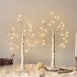 Vanthylit Tabletop Christmas Tree, White Birch Tree with LED Lights- Set of 2, Warm White Small Tree Lights Battery Powered Timer, Lighted Tree for Mantle Christmas Decorations (2FT, 24LED)