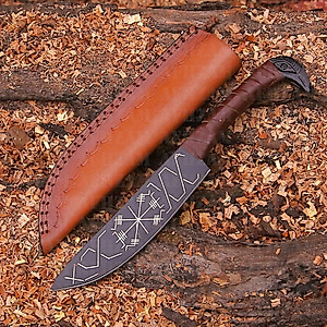 AFHZAM Viking Knife With Raven's Head Hilt & Leather Sheath | Hand Forged High Carbon Steel Blade | Camping Viking Engraved Fixed Blade Knives | Viking Gifts For Men (Kuk-114)