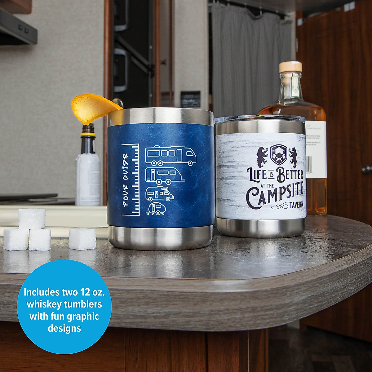 Camco Life is Better at The Campsite Lowball Whiskey Tumblers | Stylish and Insulated Drinkware for Favorite Whiskey or Bourbon | 2-Pack (53328)