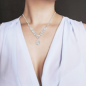 COCIDE Bride Jewelry Set Silver Crystal Wedding Necklace Earrings Bridal Rhinestone Teardrop Pendant Accessories for Women and Bridesmaids (3 piece set - 2 earrings and 1 necklace)