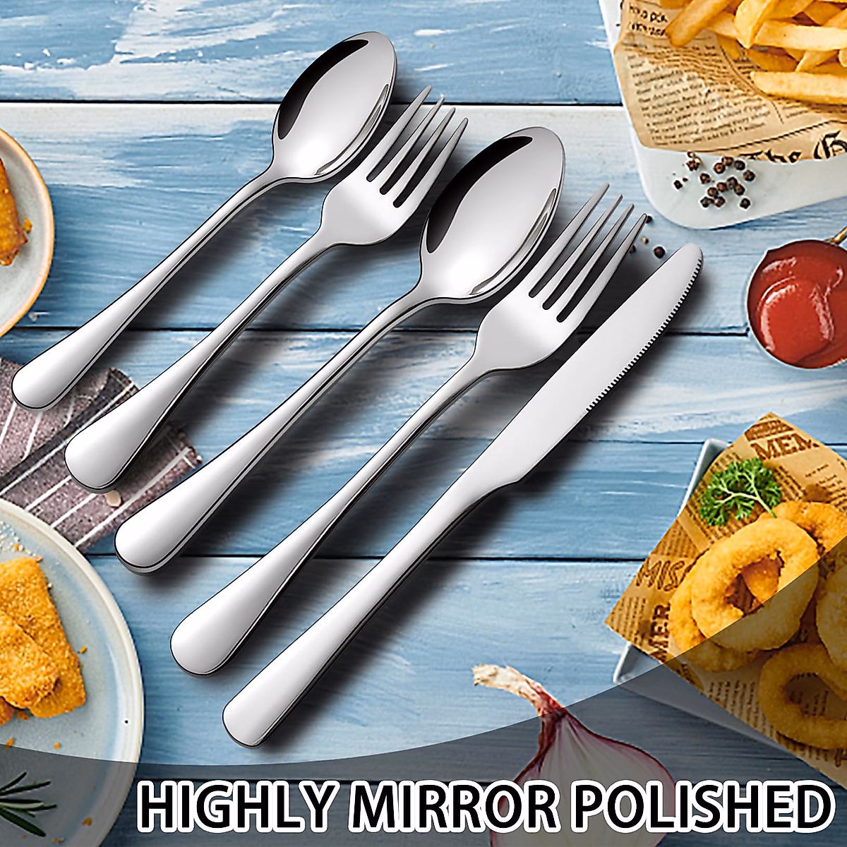 suoundey 40pcs Stainless Steel Silverware Set for 8, Kitchen Cutlery Set, Mirror Polished Forks Knives and Spoons Set for Home and Restaurant, Rust Resistant Eating Tableware Set