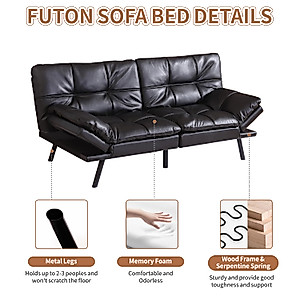 MUUEGM Futon Sofa Bed Small Sofa Futon Couch Loveseat Sleeper Sofa Leather Daybed, 71" Sofabed, 2 Seater Memory Foam Sofa for Small Space, Black