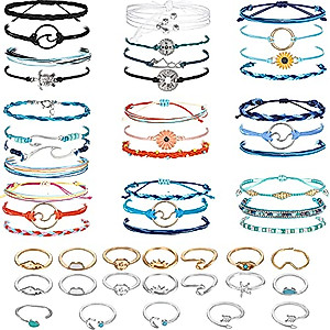 Hicarer 31 Pieces Surfer Strand Wave Bracelet Adjustable Waterproof Handmade Friendship Wax Wrap Bracelet Anklet Sunflower Braided Beach Bracelet for Teen Girl 19 Star Moon Knuckle Ring (Chic Style)