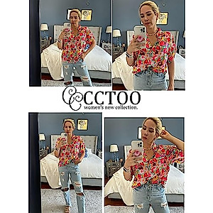 CCTOO Women's Blouses V Neck Short Sleeve Curved Hem Solid Chiffon Dressy Blouse Casual Shirts Tops 159 Color Floral Large