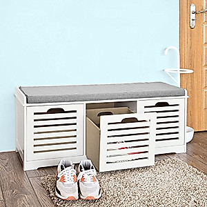 Haotian FSR23-W, White Storage Bench with 3 Drawers & Padded Seat Cushion, Hallway Bench, Shoe Cabinet, Shoe Bench