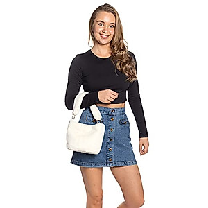 Like Dreams Women's Furry Soft Faux Fur Hobo Top Handle Crossbody Bag Vegan Leather Strap Bucket Satchel Handbag (Ivory)