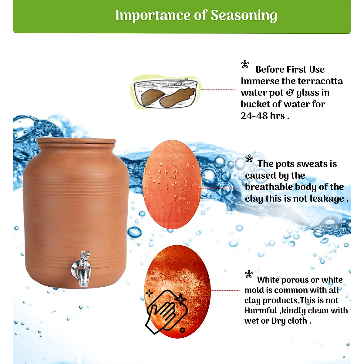 Village Decor Handmade Earthen Clay Water Pot | Clay Beverage Dispenser with Stainless Steel Faucet and Clay Glass, Capacity 6000 ml / 202 oz