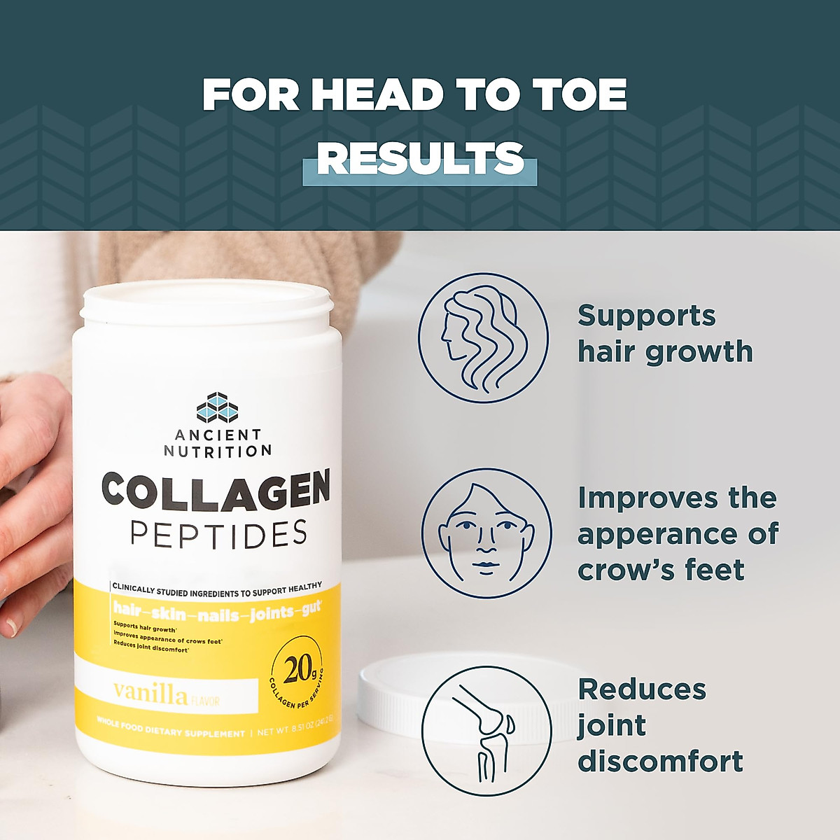 Ancient Nutrition Collagen Peptides, Collagen Peptides Powder, Vanilla Hydrolyzed Collagen, Supports Healthy Skin, Joints, Gut, Keto and Paleo Friendly, 12 Servings, 20g Collagen per Serving