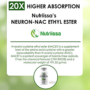 Nutriissa Neuron NAC Supplement N-Acetyl Cysteine Ethyl Ester - 20x More Bioavailable Than NAC 1200 mg - Boost Glutathione 10x More Than Liposomal Glutathione - N Acetyl (90 Capsules)