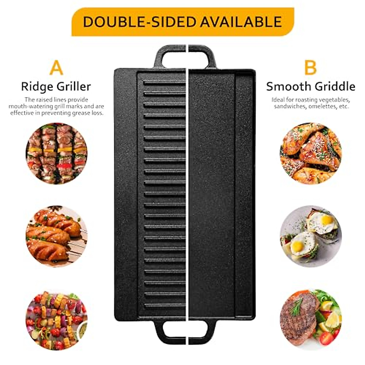 Velaze Cast Iron Reversible Griddle, Grill Pan Griddle Grill with Dual Handles,20Inchx9 inch,Black