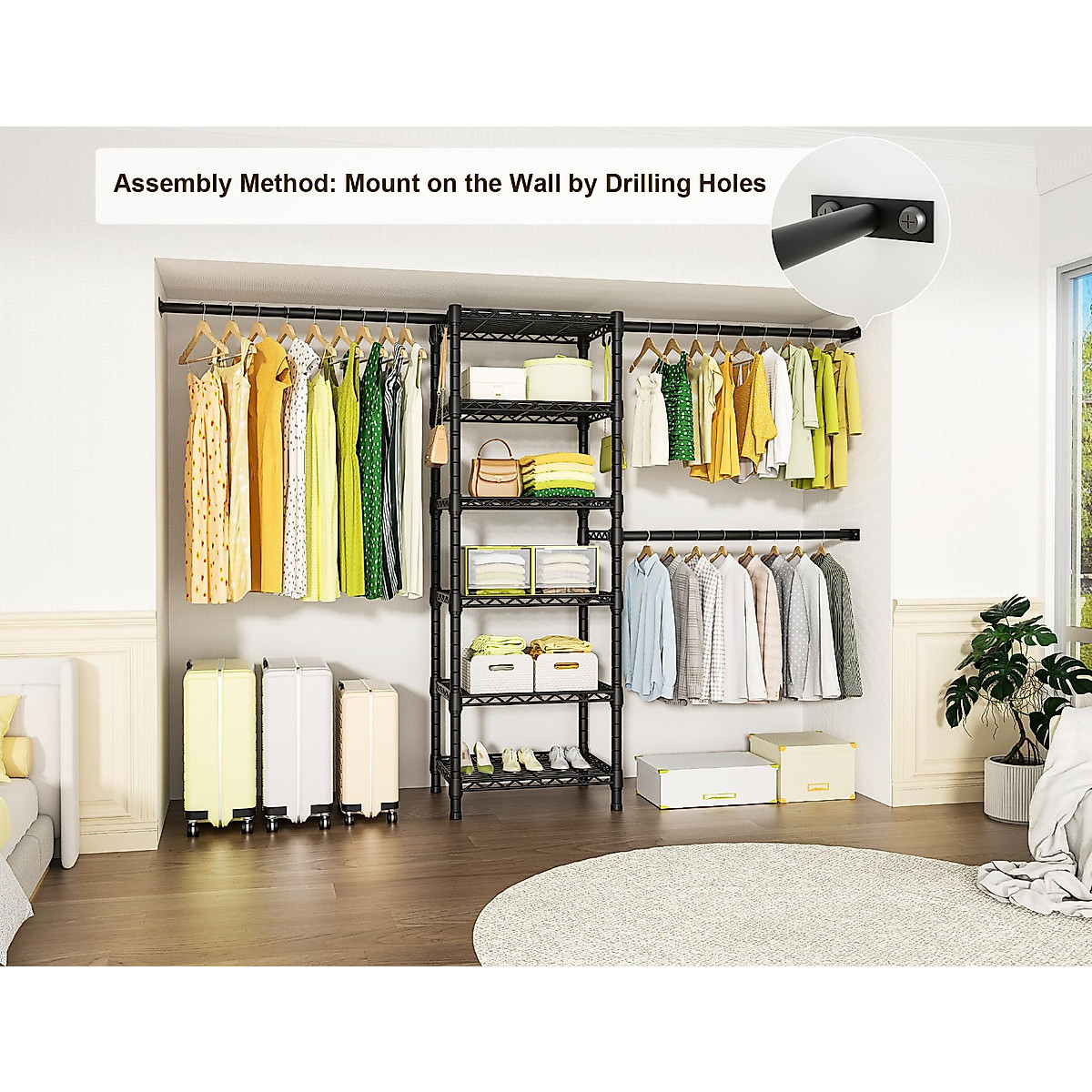 Ulif M5 Wall Mounted Clothes Garment Rack, Heavy Duty Closet Storage and Organizer System with 6 Shelves and 3 Expandable Hanger Rods, Space Saver Suit (46.2-102.4)"W x 14"D x 83.1"H, Black