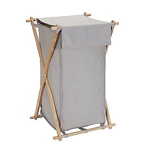 Household Essentials X-Frame Wood Laundry Hamper, Folding Wood Frame with Washable Gray Poly-Cotton Bag Large