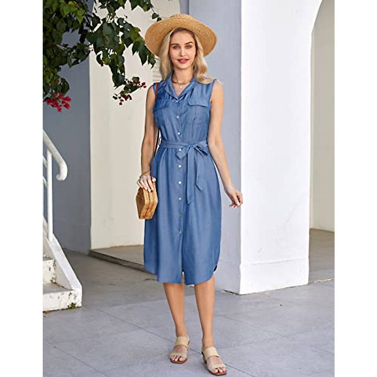 GRACE KARIN Womens Jean Dress Casual Denim Dresses Summer Sleeveless Button Down A line Shirt Dress with Belt Blue XL