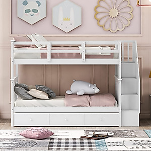 Twin Over Twin Bunk Bed with Stairs and 3 Storage Drawers, Solid Wood Bunk Bed Frame with Storage for Kids, Teens, Adults, Bedroom, Dorm. No Box Spring Needed (White)