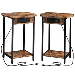 SOOWERY Set of 2 End Tables with Charging Station, Side Tables with USB Ports and Outlets, Nightstands with Storage Shelf for Living Room, Bedroom, Rustic Brown