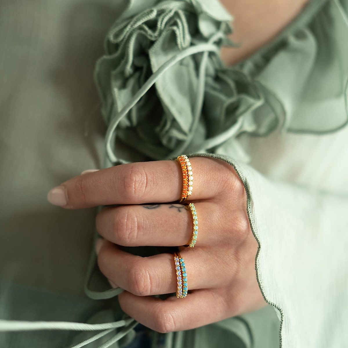 espere White Opal Half Eternity Band Wedding Ring | 18K Gold Plated Sterling Silver Dainty Linear Opal Stacking Bands | Minimalist October Birthstone Jewelry Gift for Her [Size 5]